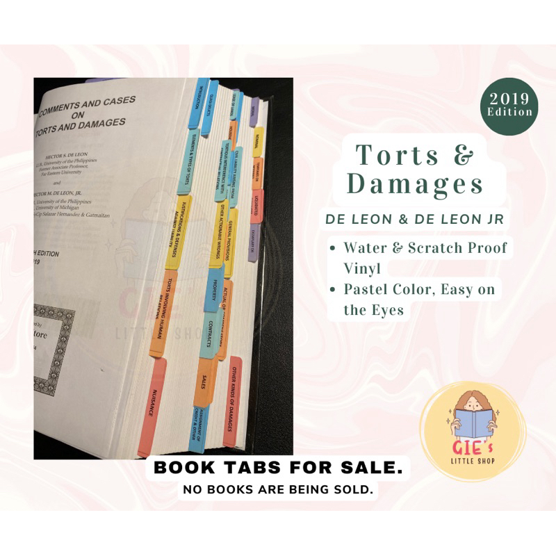 Torts & Damages by De Leon 2019 Edition REX Books Book Tabs Labels Law ...