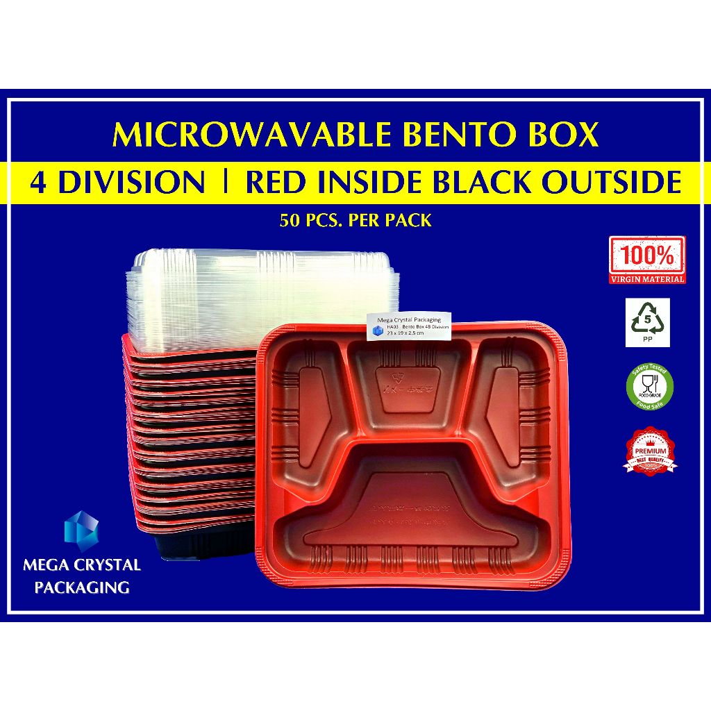 [ 50 Pcs ] Japanese Microwavable Bento Box 4 Division Red inside ...