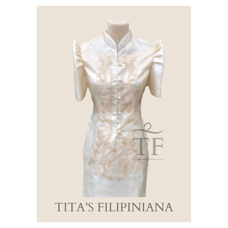 Chinese Collar Modern Filipiniana Dress - Black and Beige Embroidery ...