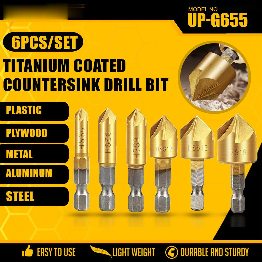 6Pcs/Set Industrial Grade Countersink Drill Bit Titanium Coated HSS 5 ...