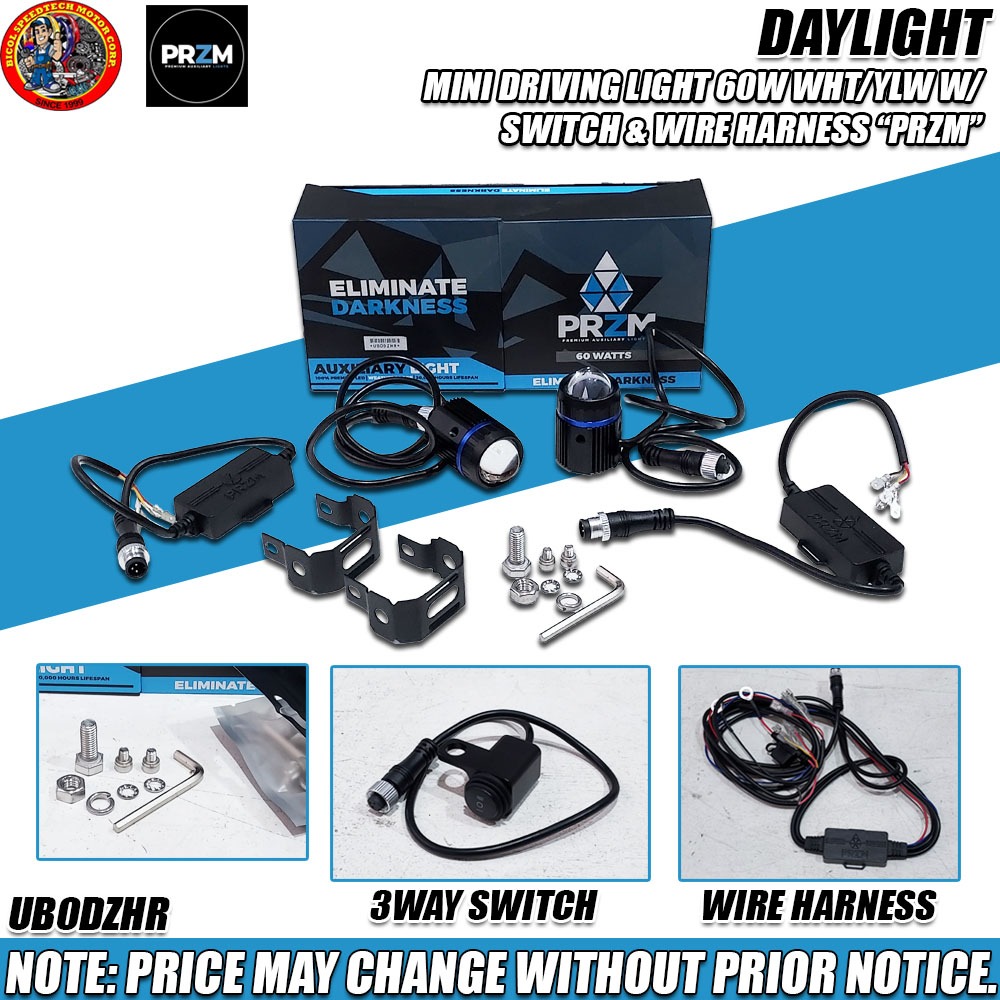 PRZM DAYLIGHT MINI DRIVING LIGHT 60W WHT/YLW W/ SWITCH & WIRE HARNESS ...