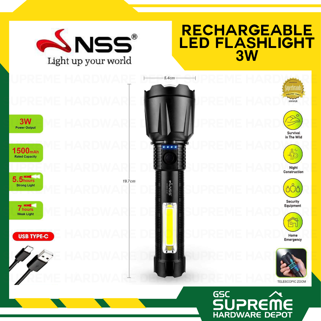 NSS Rechargeable LED Flashlight Searchlight Emergency Lamp with ...