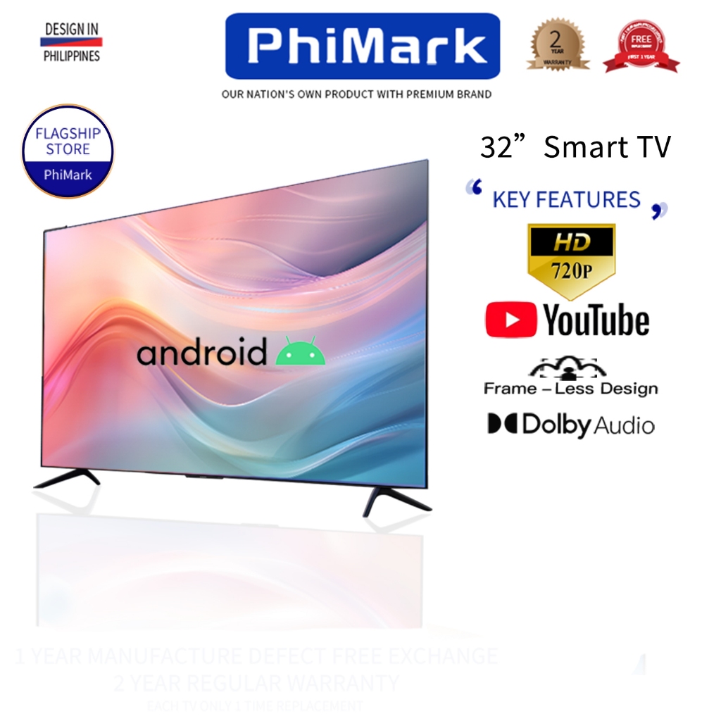 PhiMark 32" HD Frameless Android 11 Smart LED TV （1GB+8GB),ISDB-T Reciever,WIFI,MIRROR CAST ...