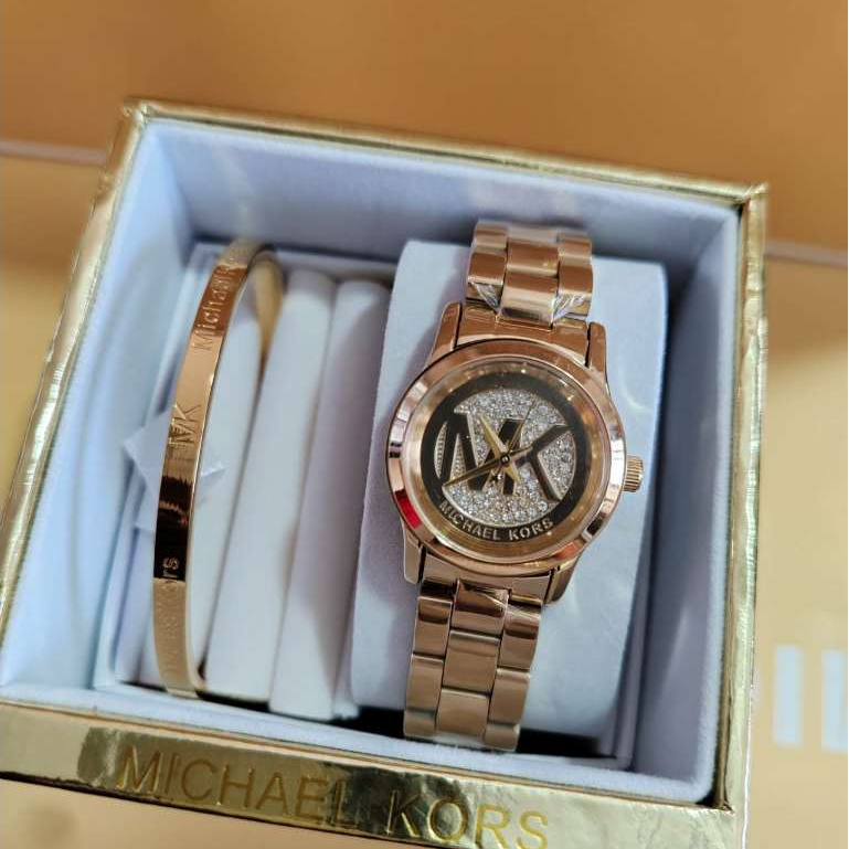MK Pawnable watch Gold-tone mini mk logo full stone with 1 bangle ...