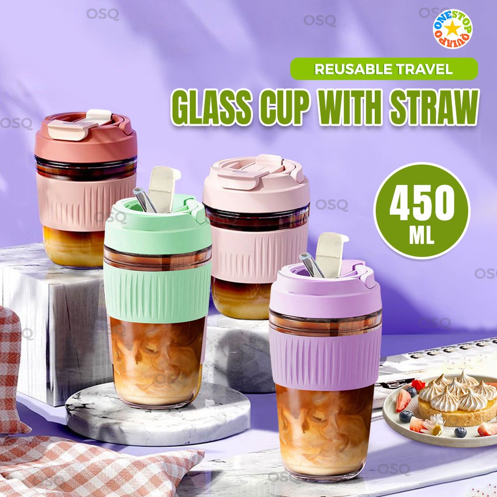 OSQ 350/450ml Reusable Glass Cup Mug W/ Lid Straw Handle & Protective Sleeve For Coffee & Juice ...