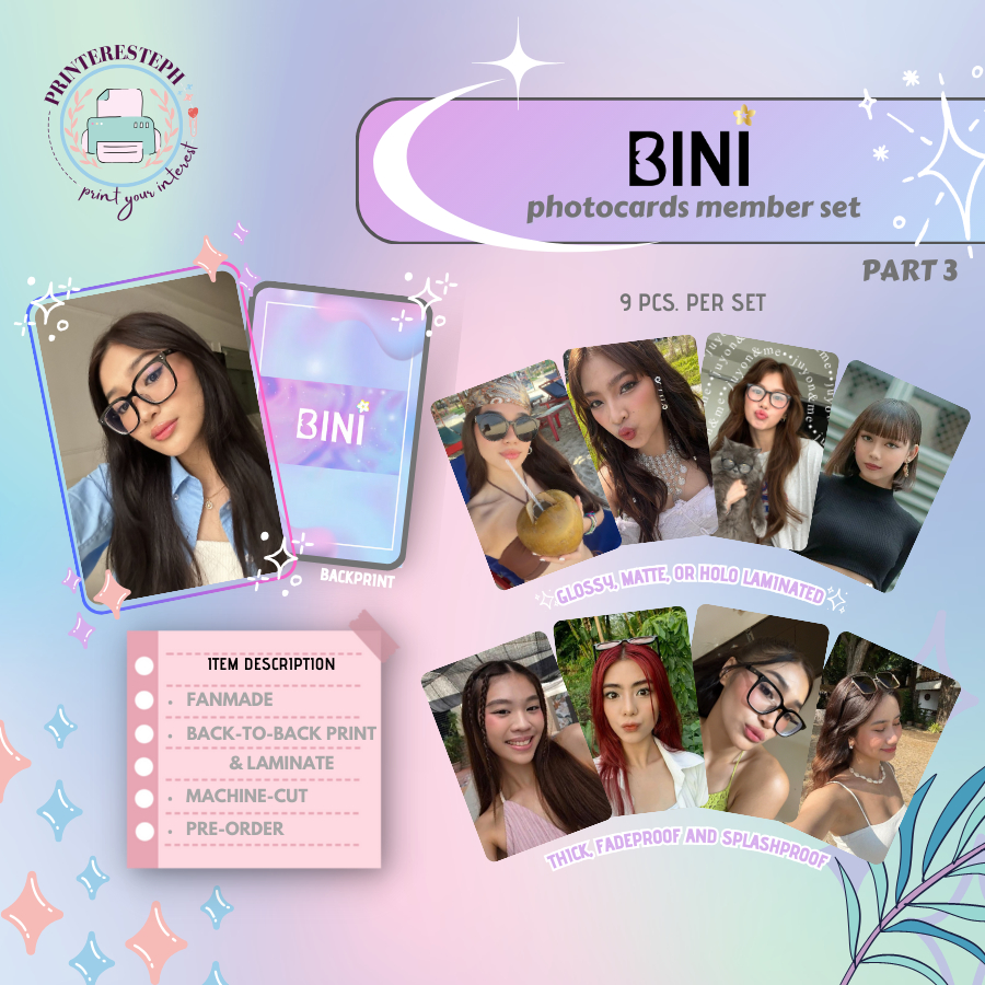 PART 3/4: BINI Photocards Member SET [ 9 pcs ] laminated + w/ backprint ...