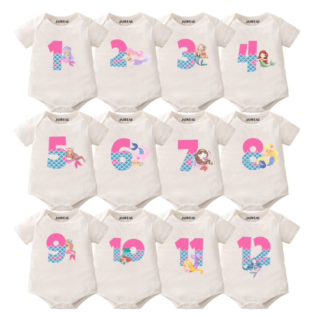 Baby Onesie Cotton Baby Romper Bodysuit Mermaid Theme Monthly Milestone ...