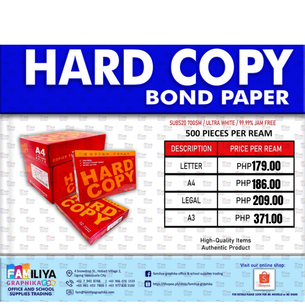 Hard Copy Copier Paper Sub20 (LONG, SHORT, & A4) | Shopee Philippines