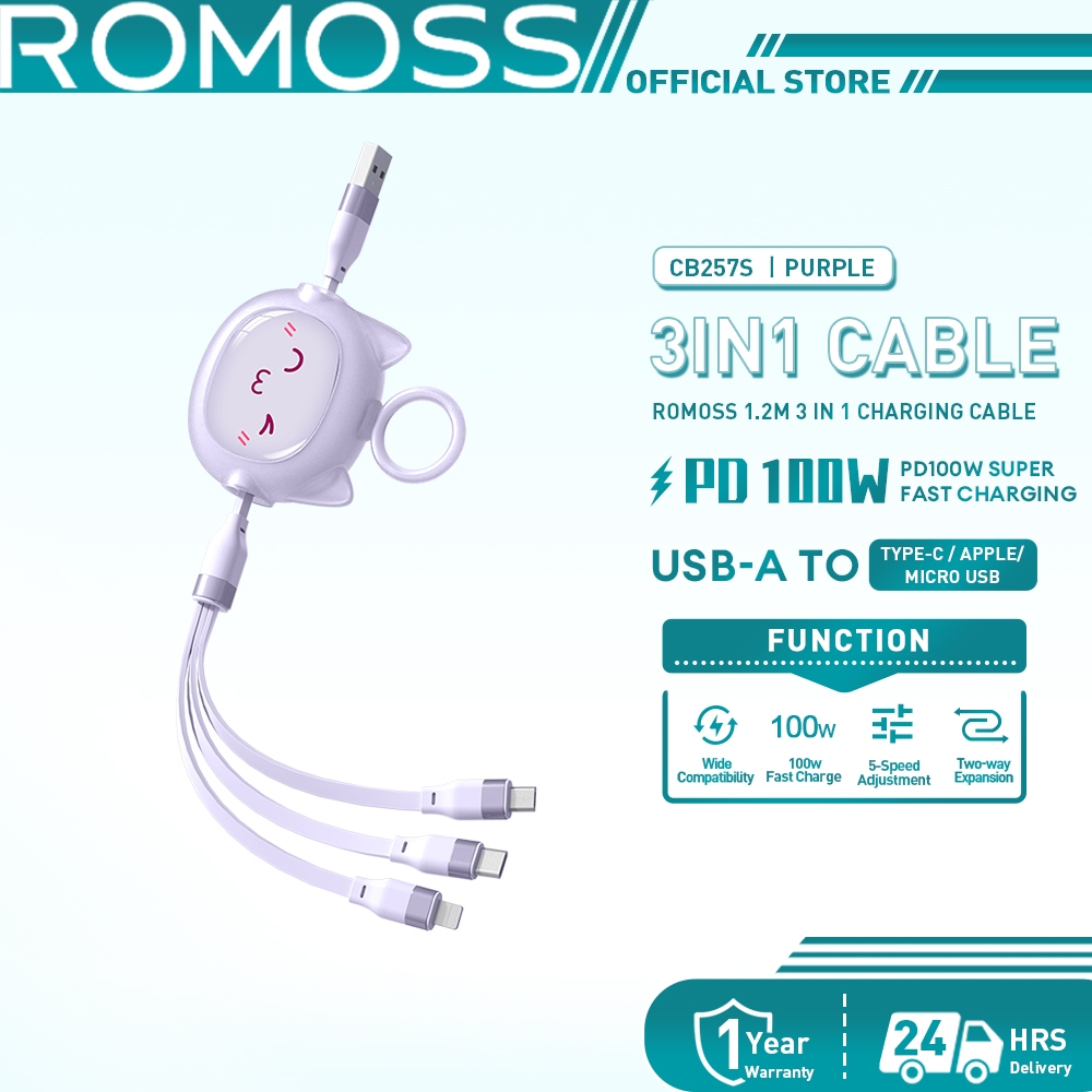 Romoss CB257S 100W Cable 3-in-1 Data 1.2M Retractable Fast Charging ...
