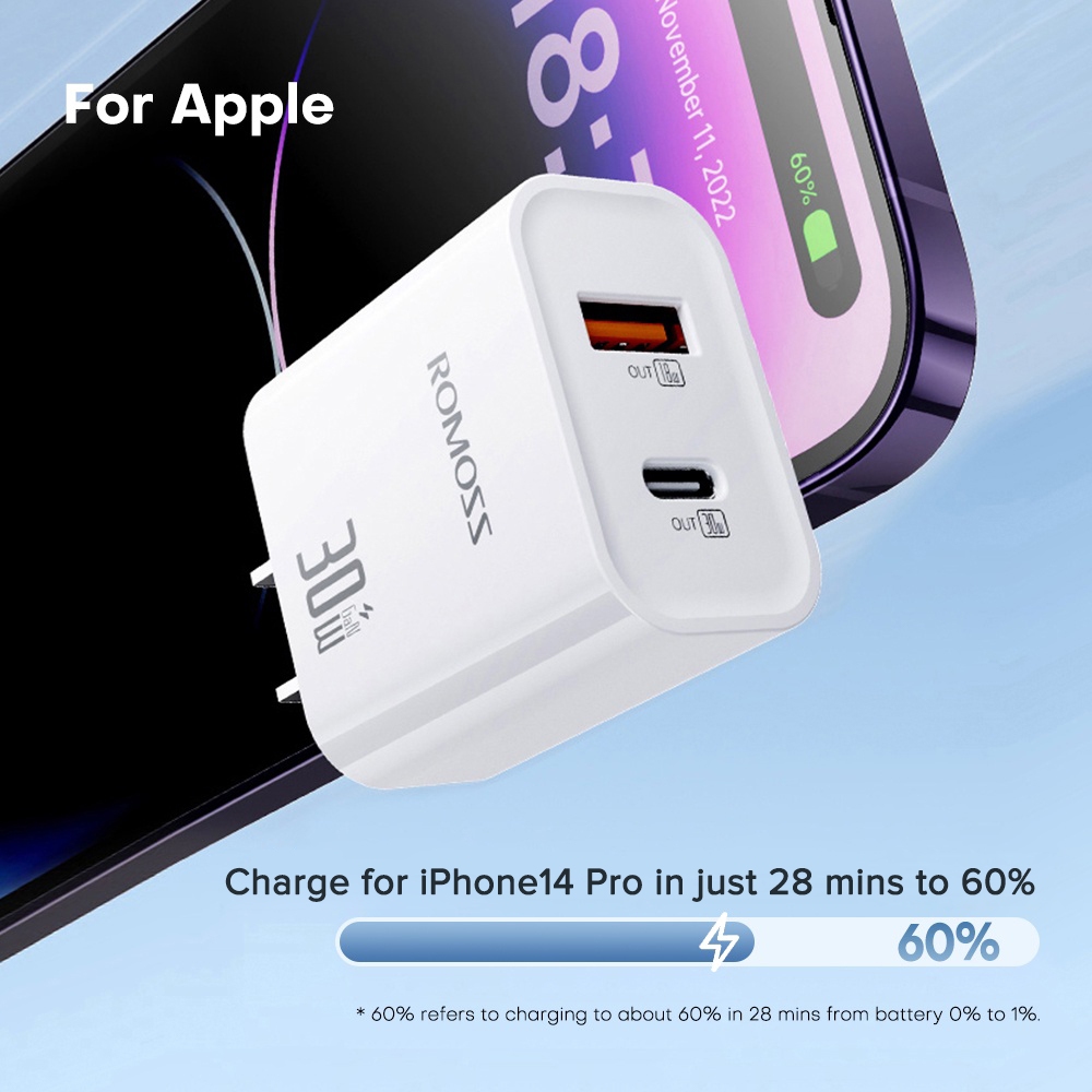 Romoss AC30RD PD30W USB Type C Fast Charger QC PD 3.0 Dual Port Mini Portable Adapter | Shopee ...