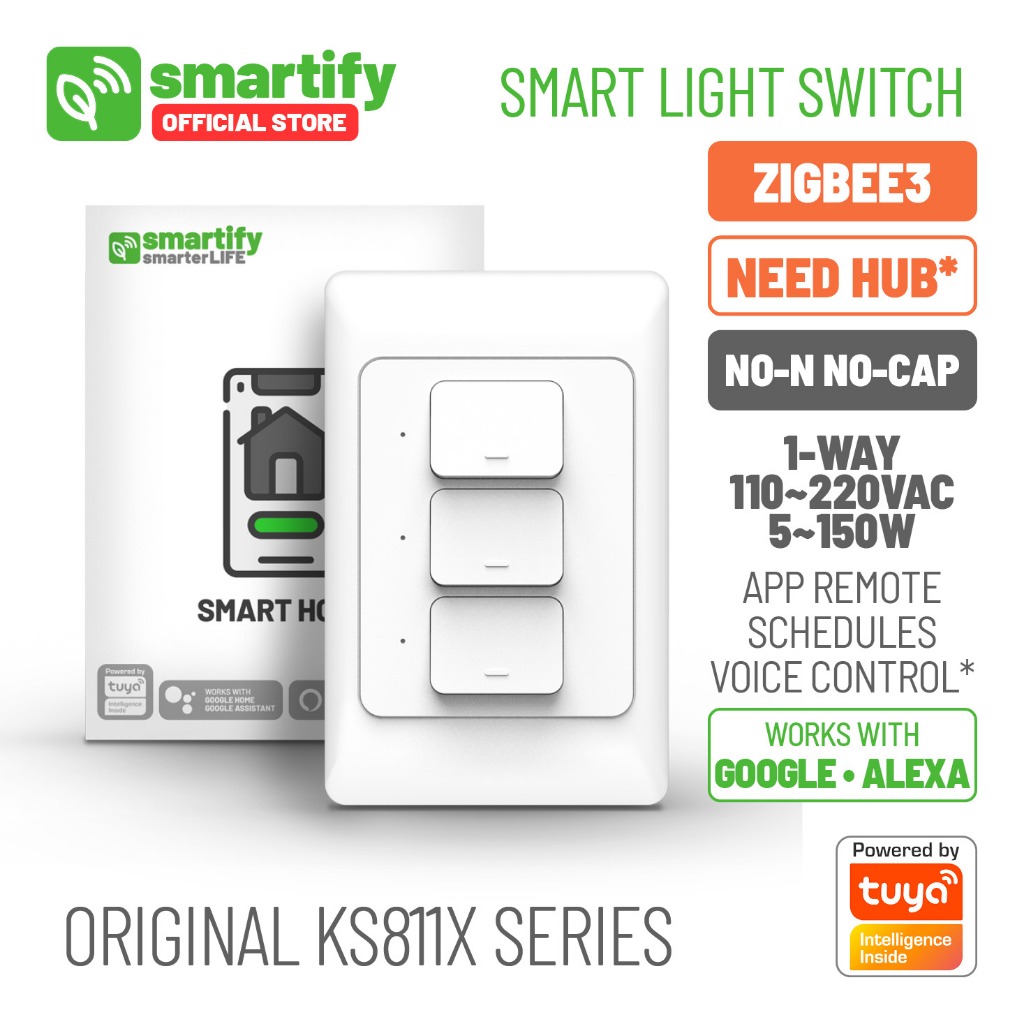 SMARTIFY ZIGBEE Light Switch NO NEUTRAL (KS811X NEED HUB NO-CAP 220V 1/2/3 Gang) TUYA Google ...