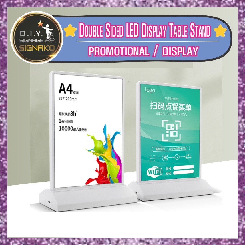 A4 Double Sided Rechargeable LED Display Table Stand / Menu Light Box ...