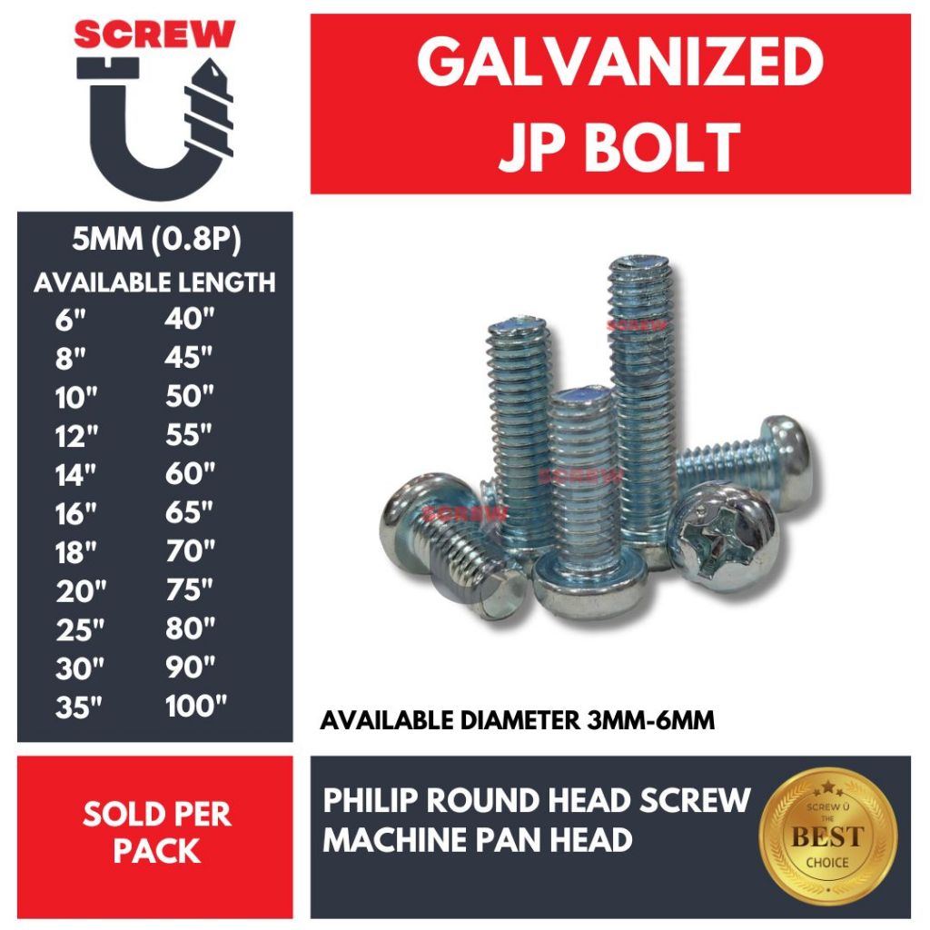 5MM (0.8P) JP BOLT | Machine Panhead JP Bolt Phillips Screw Galvanized ...