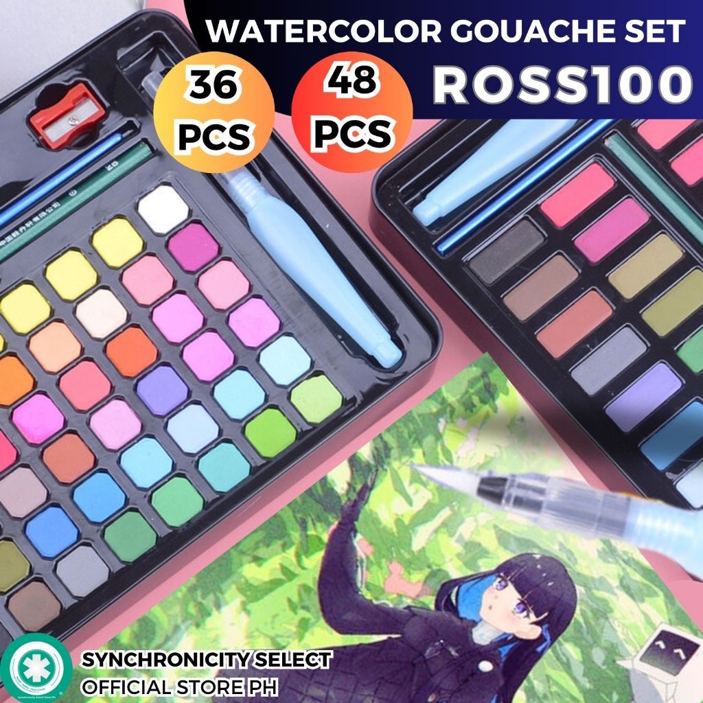 Ross100 Set Solid Watercolor Paint 36/48 Color Free refillable brush ...