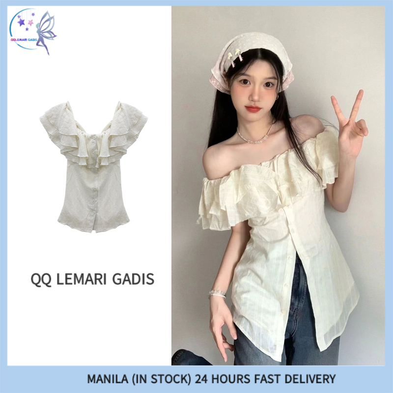 QQ SHOP Women's Shirt Off-Shoulder Style Sexy Top Ruffle Design Shirt ...