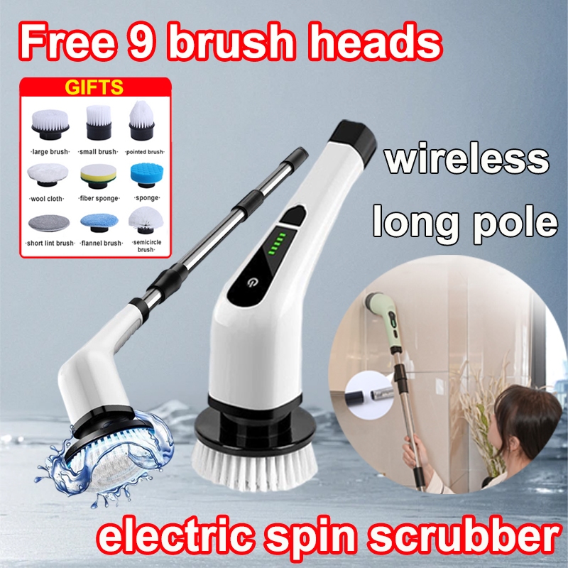 Electric Long Pole Cleaning Brush 9 in 1 Electric Spin Scrubber Bathtub ...