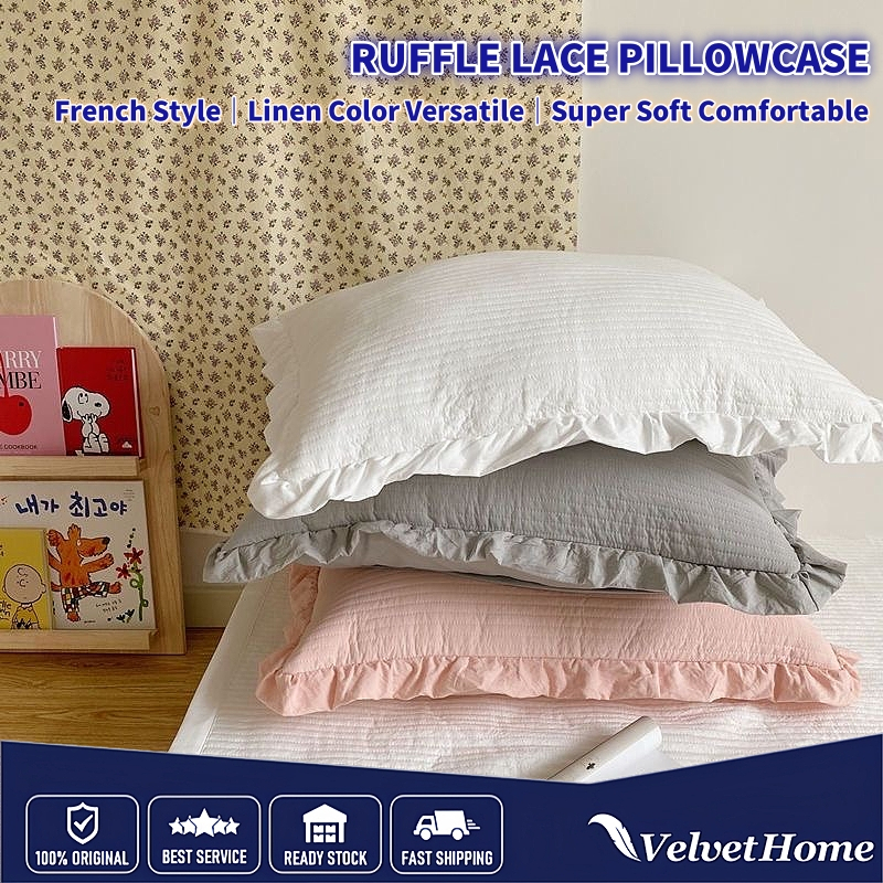European Style Pillowcases Linen Solid Ruffle Frill Cushion Cover Punda ...