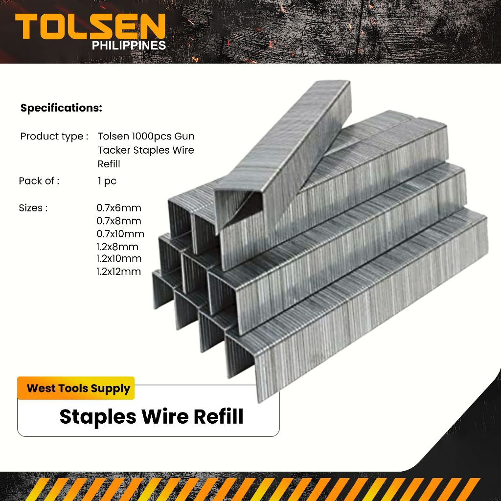 Tolsen 1000pcs Gun Tacker Staples Wire Refill (0.7 x 6 , 8 x 10mm | 1.2 ...