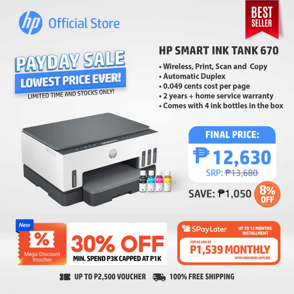 HP Smart Ink Tank (670/720) A4 Color Printer,3 in 1,Scanner,Xerox,Wireless,Duplex,Mini,Portable ...
