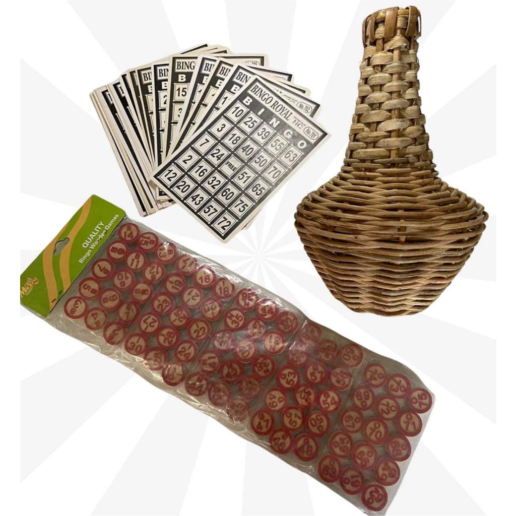 Bingo set with rattan shaker and bingo card black and bingo chips wood ...
