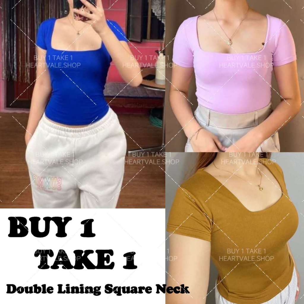 BUY 1 TAKE 1 Square Neck Double Lining Basic Plain T-shirt Top Slim Fit ...