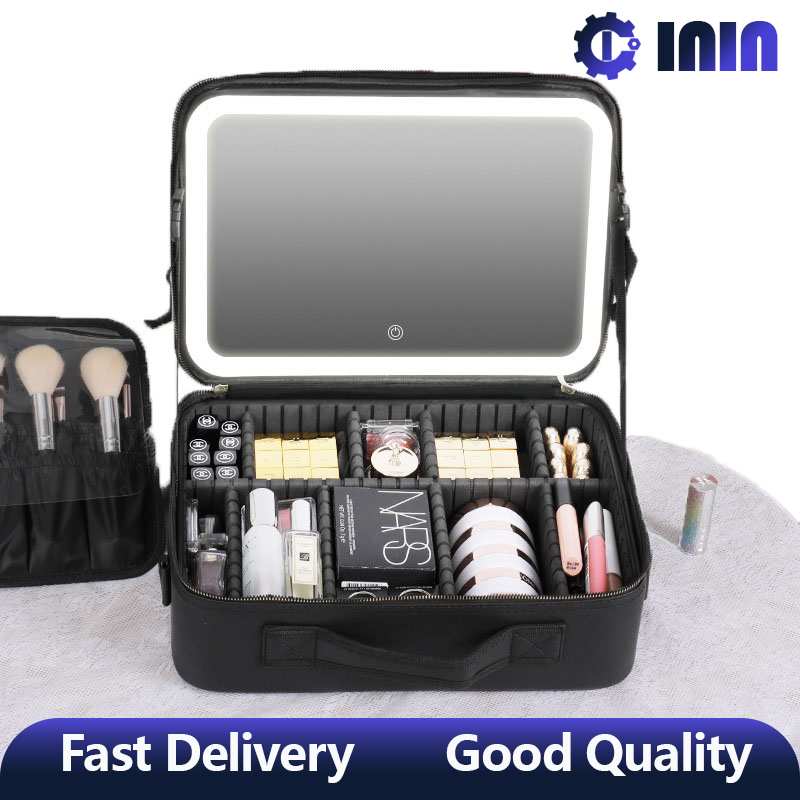 ININ LED Makeup Bag Mirror With Tricolor LED Light USB Charge Organizer ...