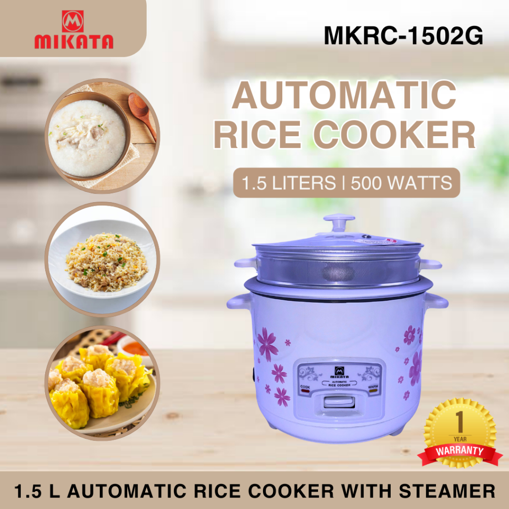 Mikata Automatic Rice Cooker with Steamer 1.5 Liters 8 Cups Glass Cover ...