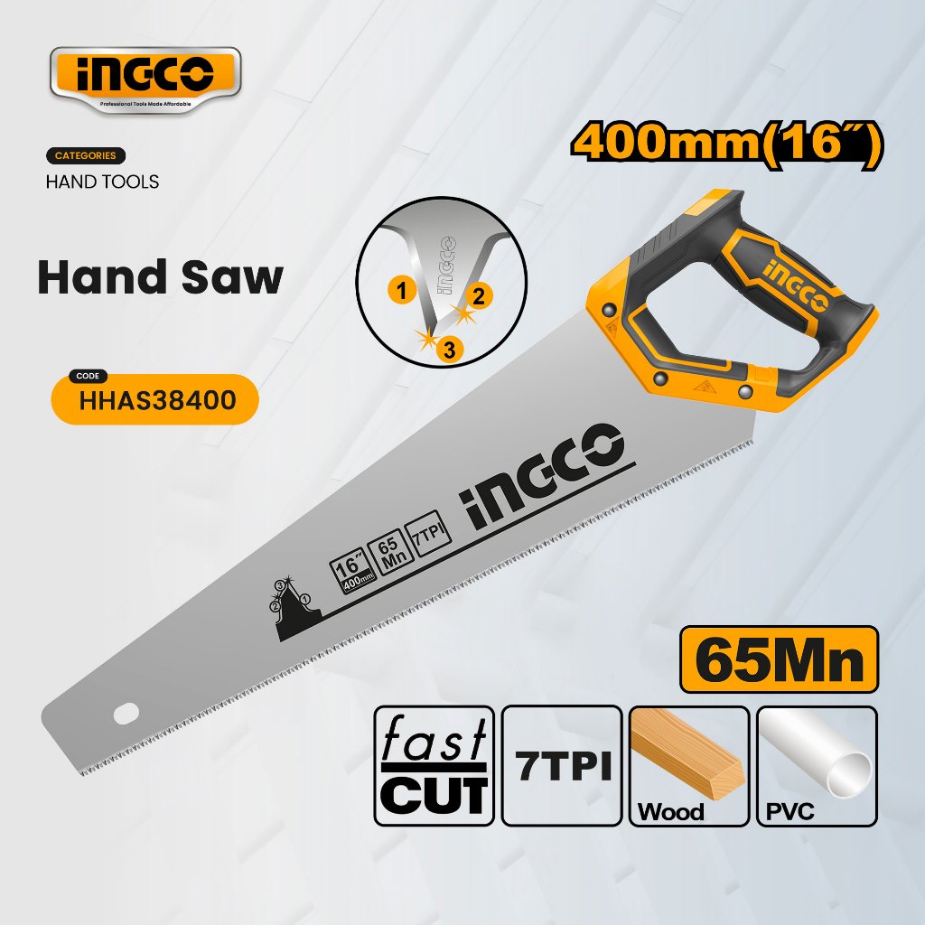 Ingco Industrial 16" Hand Saw 65Mn 7TPI for Cutting Wood & PVC ...