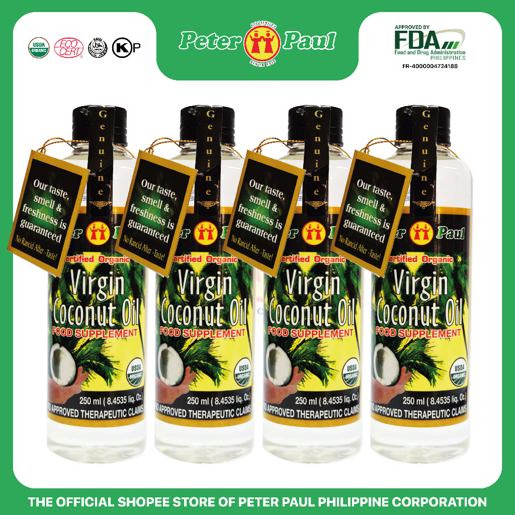 PETER PAUL Organic Virgin Coconut Oil VCO Food Supplement 250ML, 4-pcs ...