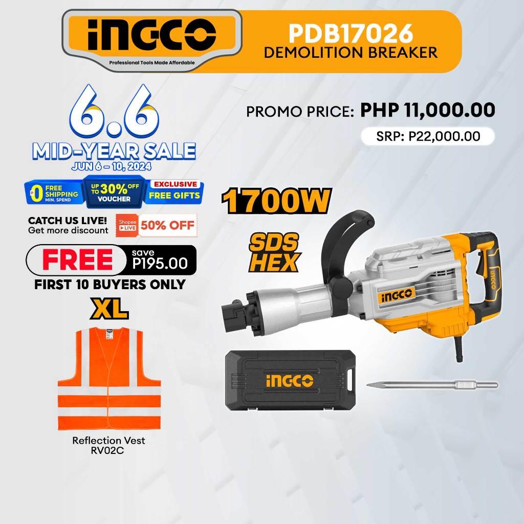 INGCO 1700W Concrete Percussion Demolition Jack Hammer Breaker Chipping ...