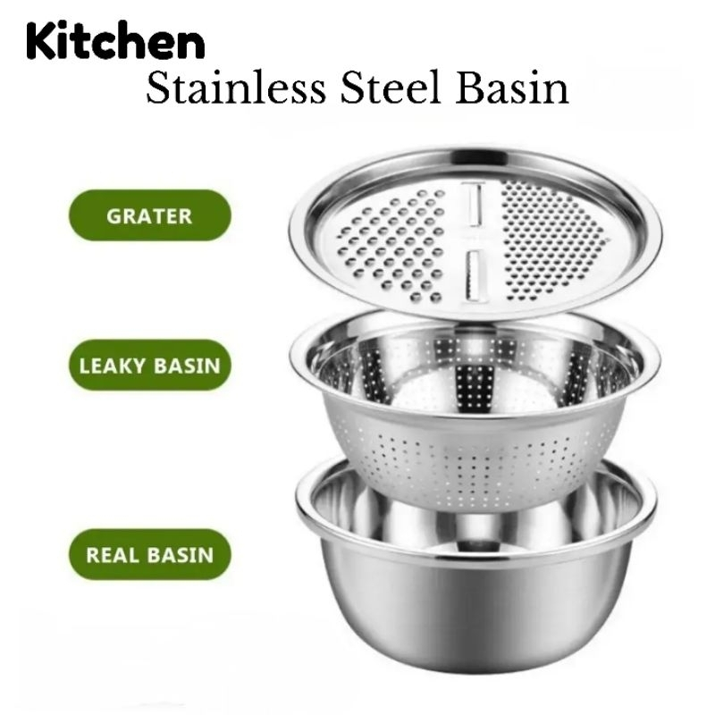 3pcs SET Stainless Steel Basin 3 in1 Multifunctional Thickening Grater ...