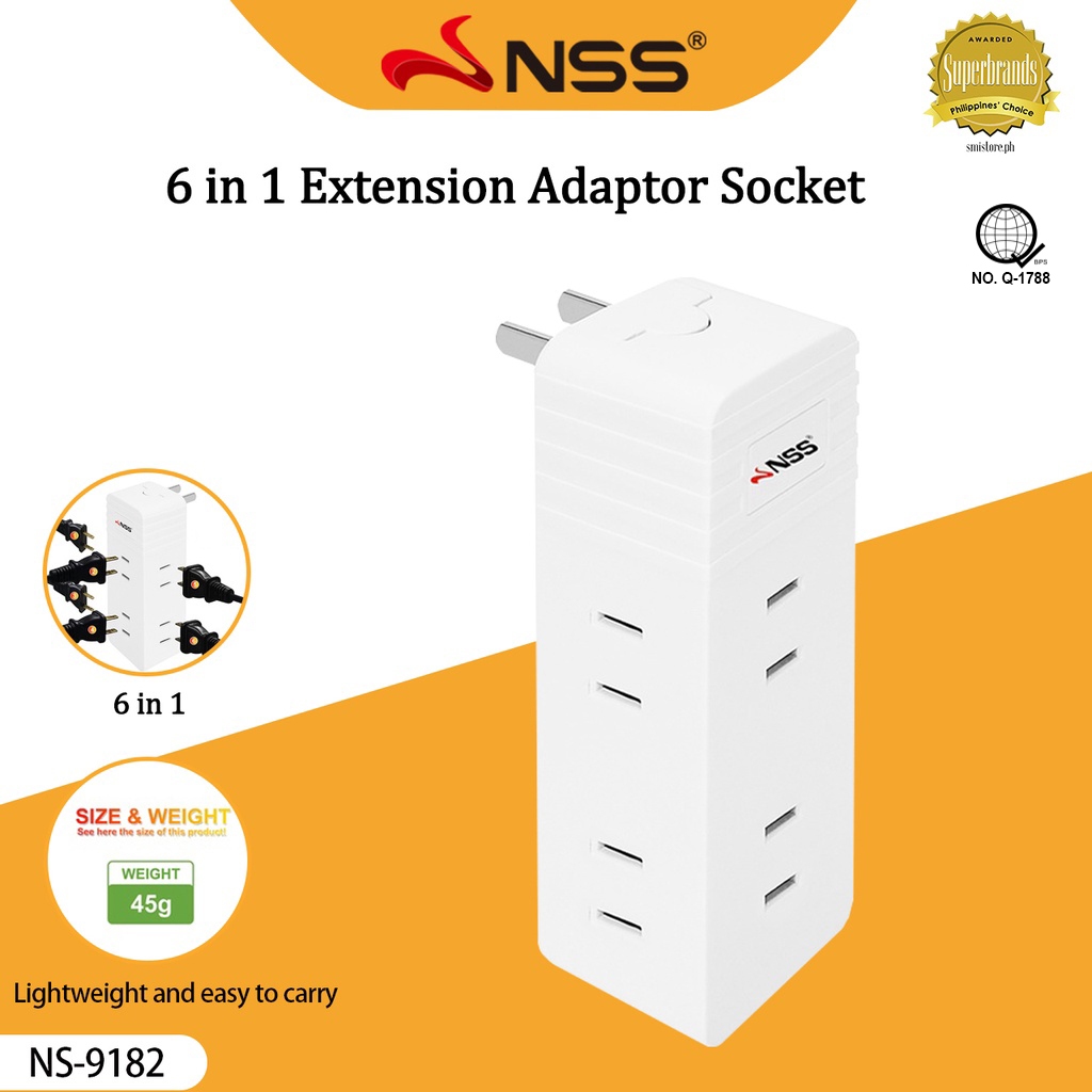 NSS Portable 6 in 1 Extension Adaptor Socket Outlet Power Adapter ...