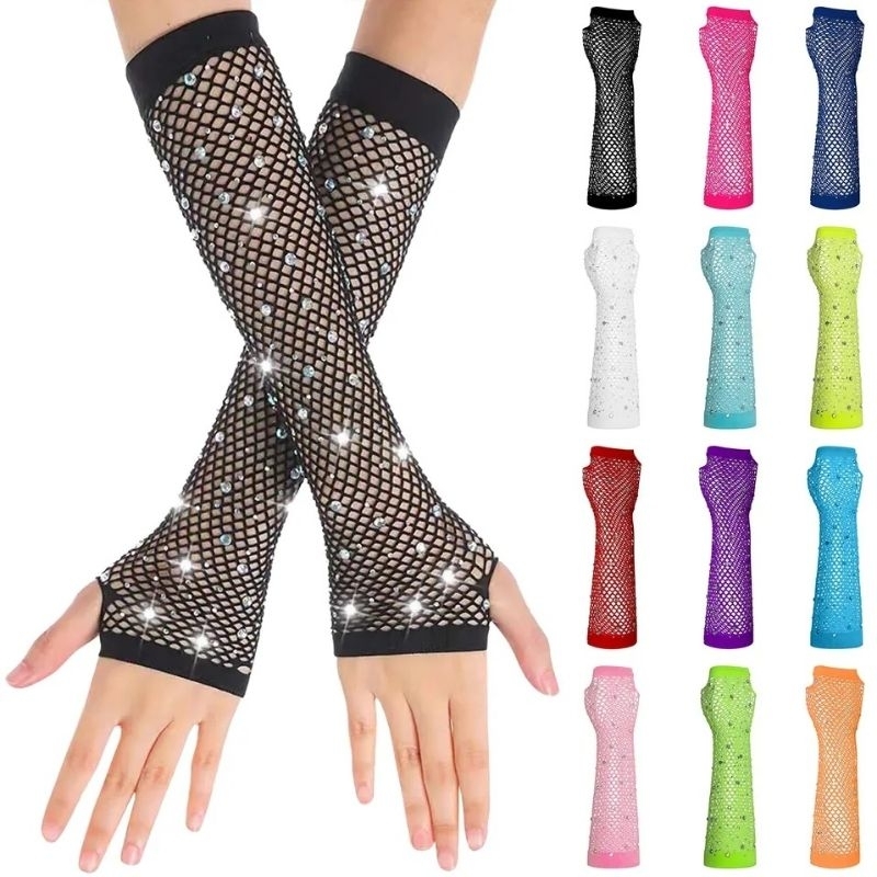 Shiny Rhinestone Fishnet Fingerless Long Gloves Leg Arm Cuff Women ...