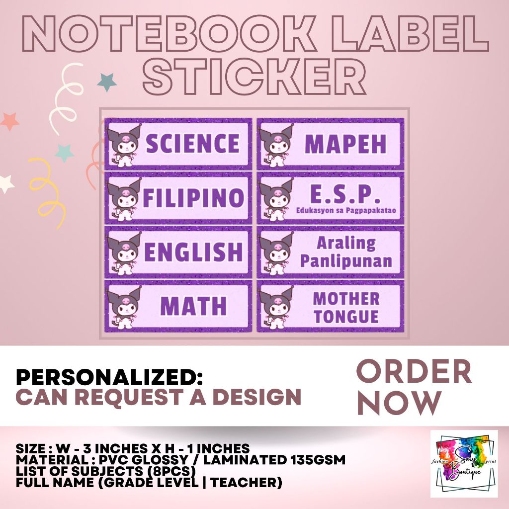 NOTEBOOK LABELS Subject Label For School Vinyl Stickers MACHINE CUT ...