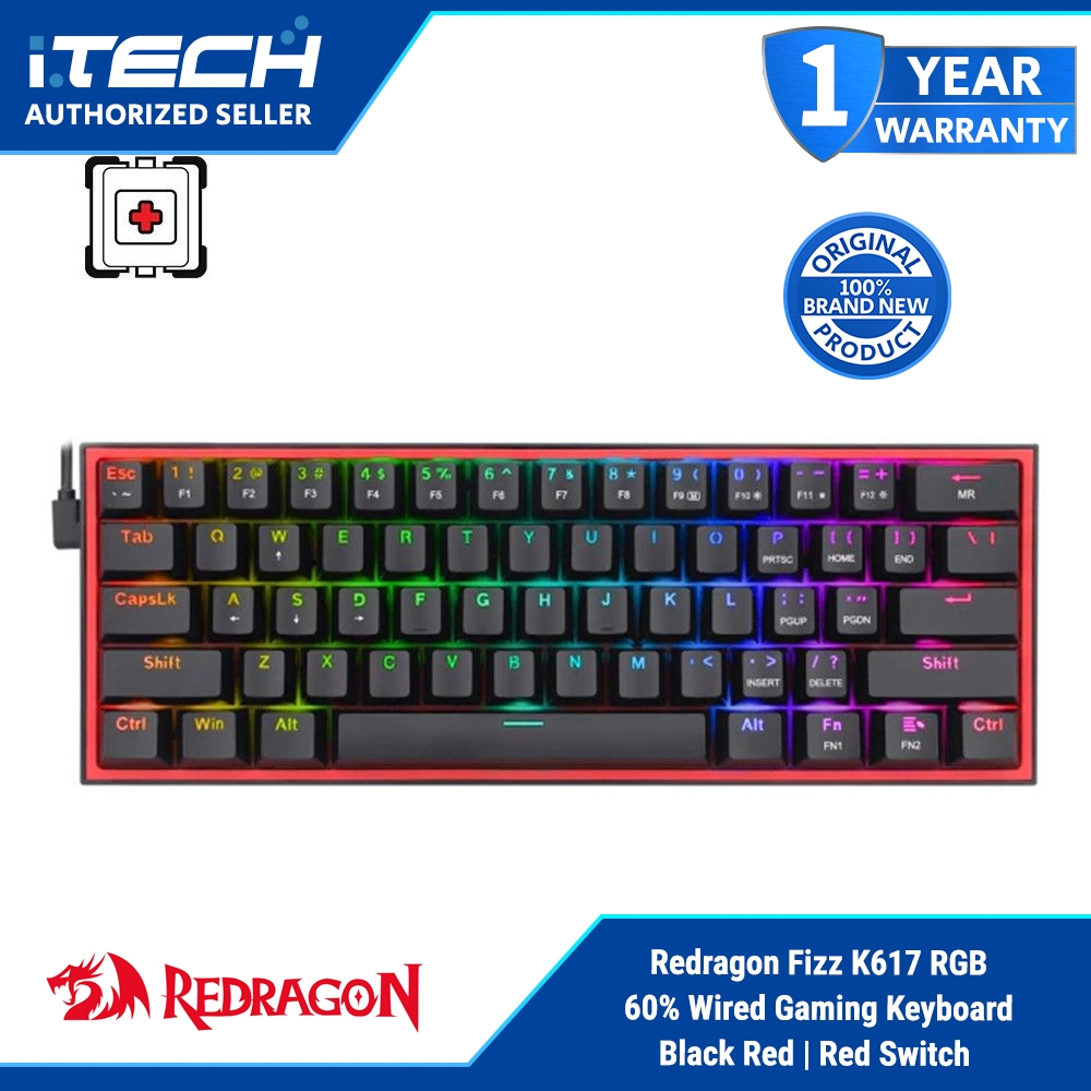 Redragon Fizz K617 RGB 60% Wired Gaming Keyboard | Black Red | Red ...