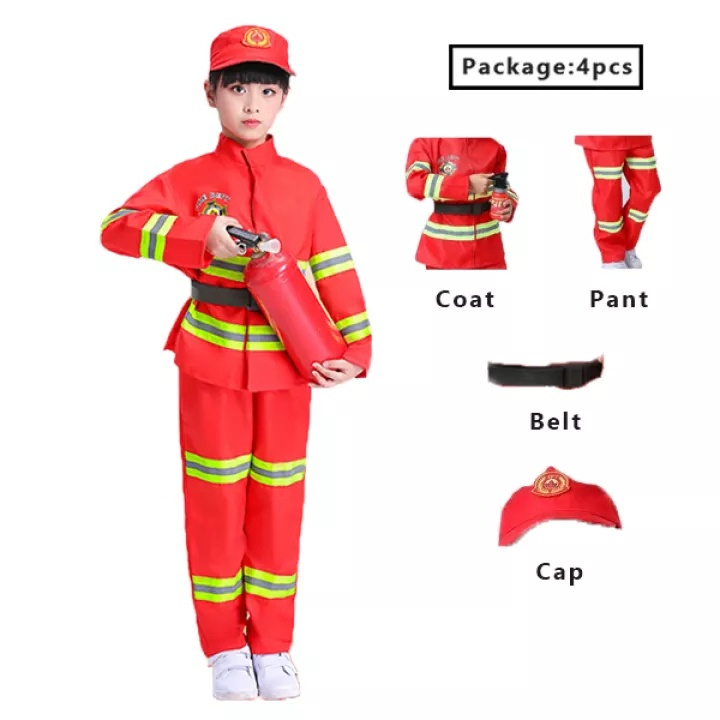 Boy Girl Fireman Costume For Kids Fire Fighter 4pcs Rescue Service ...