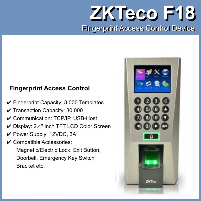 Fingerprint Access Control ZKTeco F18, High-Performance Firmware, Slim ...