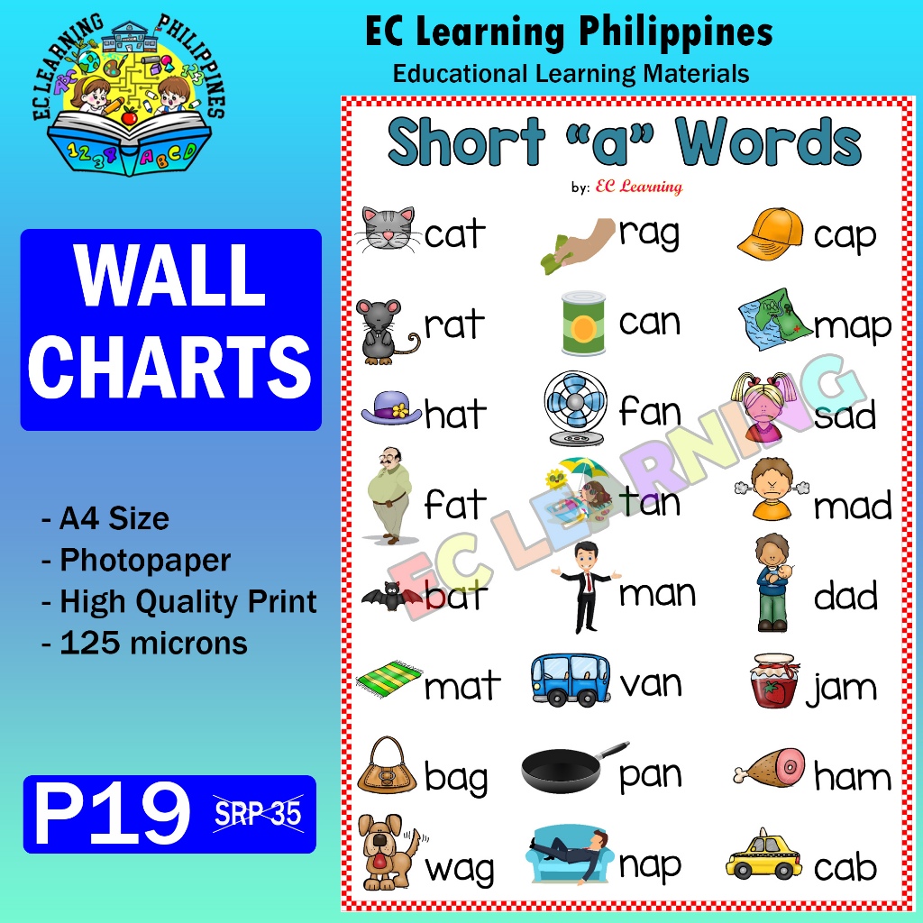 CVC Short Vowels LAMINATED CHART READING CHART - EC LEARNING PHILIPPINES | Shopee Philippines
