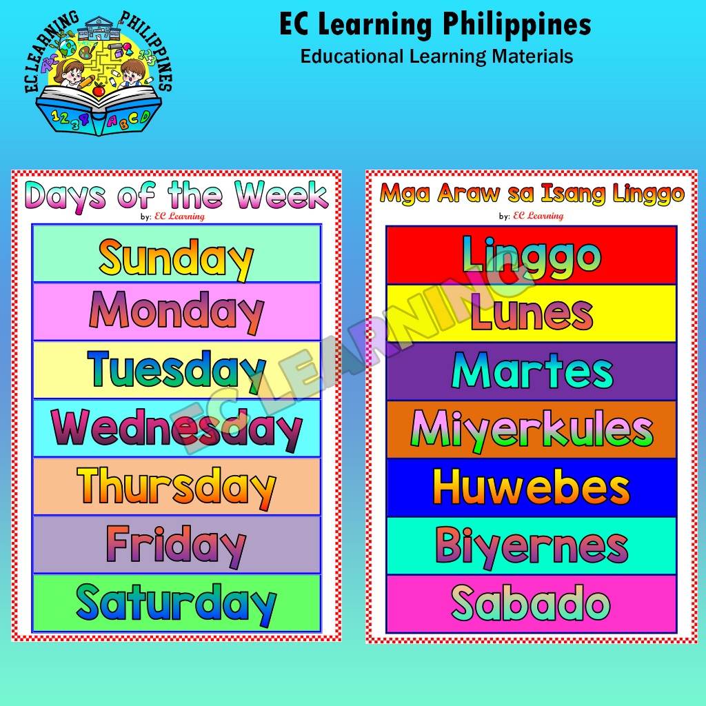 DAYS OF THE WEEK and ARAW SA ISANG LINGGO Laminated Educational Wall ...
