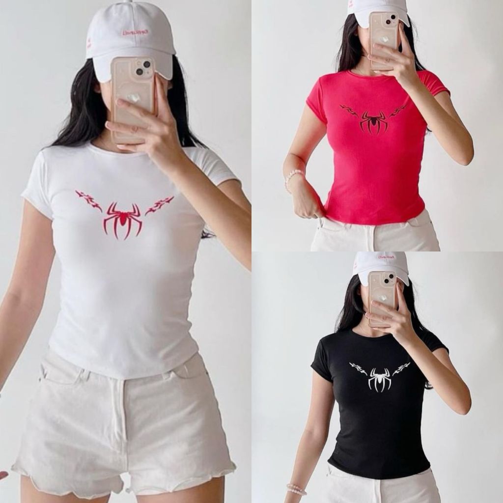 KILY.PH Spider Print Double Lining Full Length Short Sleeves Basic ...