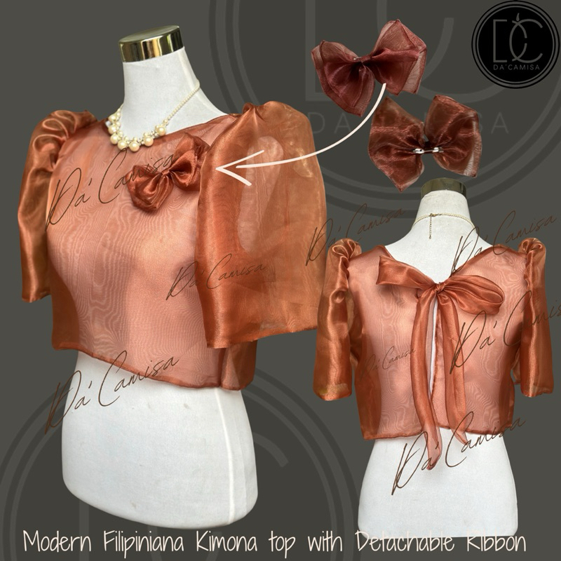 Modern Filipiniana Kimona top made from organza with detachable ribbon ...