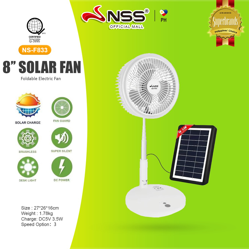 NSS 8" Solar Electric Fan Foldable Desk Fan Portable Solar Panel LED ...