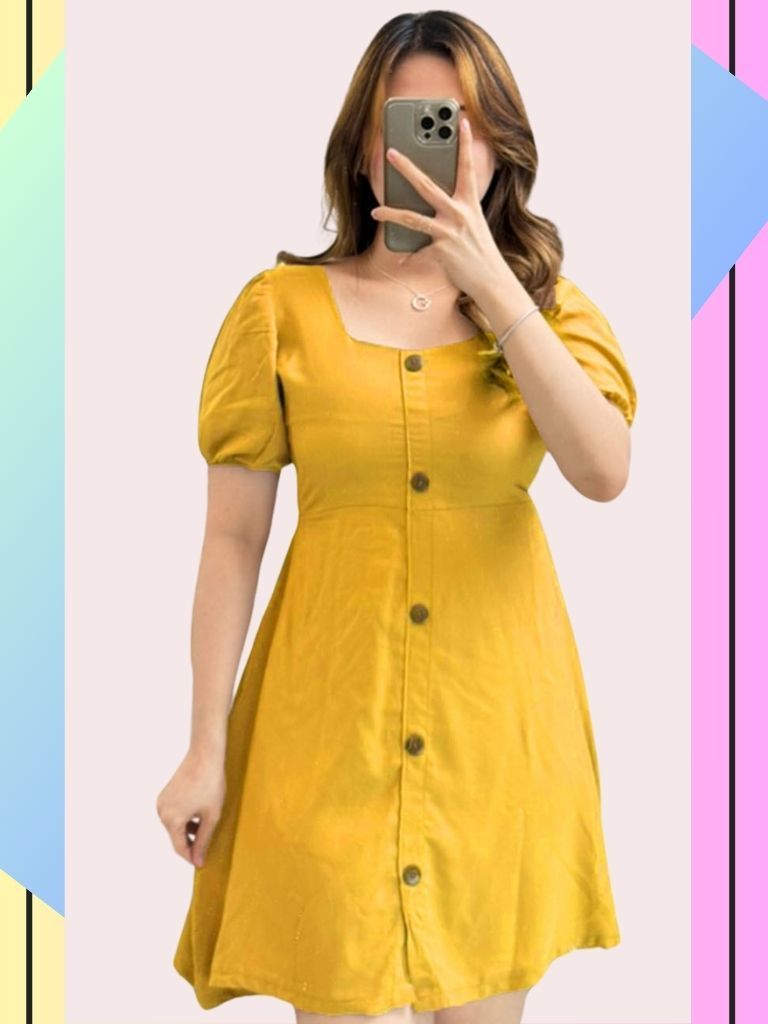 MC BG Casual Basic Short Puff Sleeves Korean Challis Button Dress for ...
