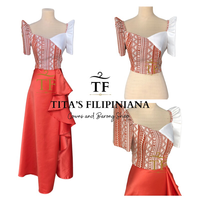 Modern Filipiniana Rust Orange Ethnic with Ruffles Skirt | Shopee ...