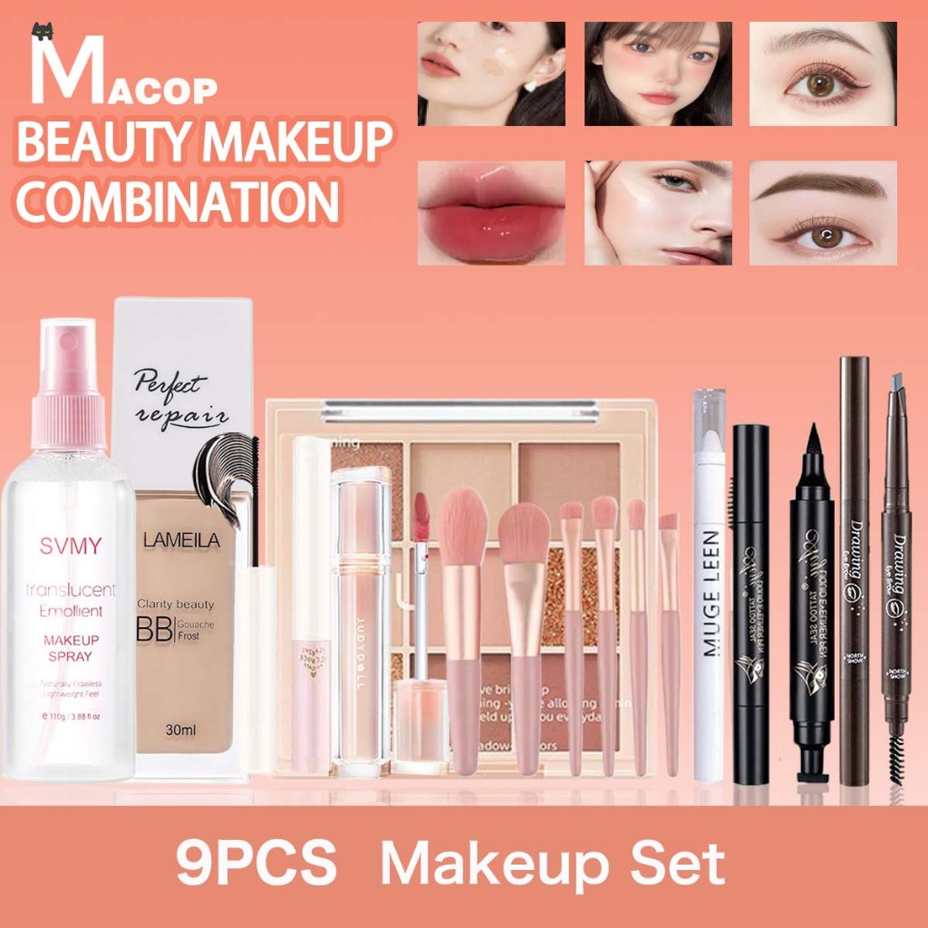 9 PCS Make Up Set Complete Setting Spray Foundation Eyeshadow Eyeliner ...