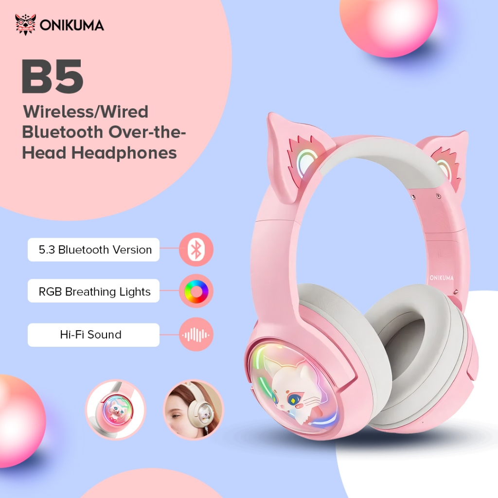 Onikuma B5 Wireless Gaming Headset Cat Ear Pink Bluetooth Headphones ...