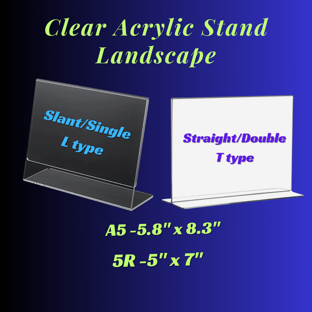 Clear Acrylic Stand A5, 5R Landscape [Double/T and Slant/L Type] Sign Photo Holder Display ...