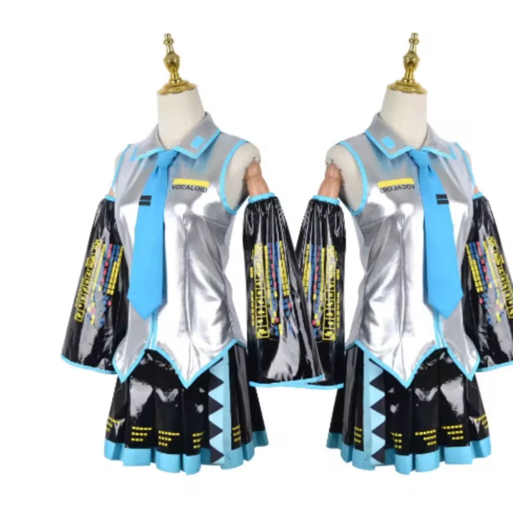 Bilable Anime Vocaloid Miku Cosplay Costume PU Leather Midi Dress Girls ...