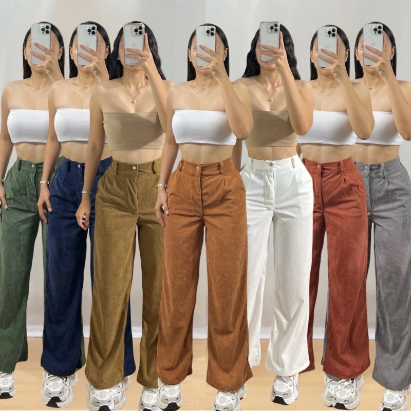 TSMPH | Corduroy High Waist Wideleg Retro Zipper Pants Back Garter With ...