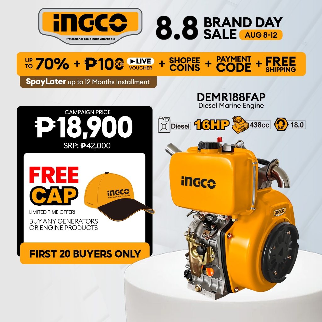 Ingco 4-stroke 16HP Diesel Marine Engine With stainless pipe DEMR188FAP ...